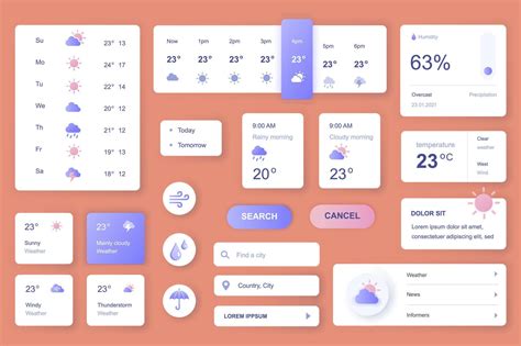 User Interface Elements Set For Weather Mobile App Or Web Kit Template