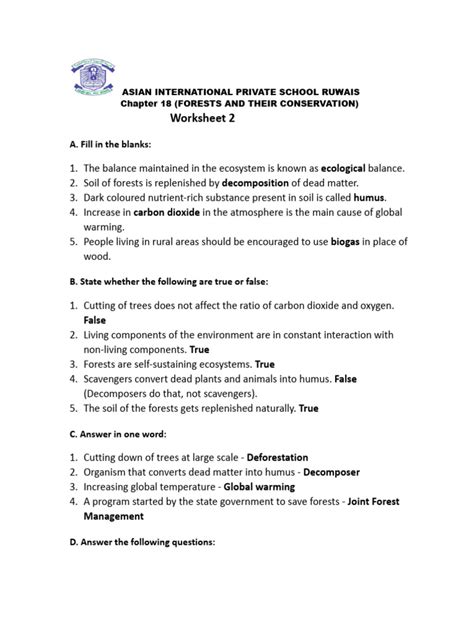Forests And Their Conservation Worksheet 2 Ak Pdf Soil