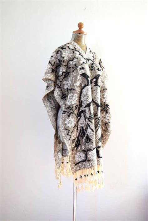 Cross Stitched Peacock And Floral Mexican Poncho In Neautral Etsy Mexican Poncho Floral