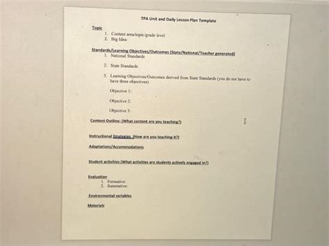 Tpa Unit And Daily Lesson Plan Template Topis 1