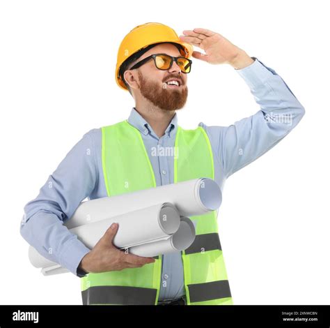 Engineer In Hard Hat And Protective Glasses With Drafts On White