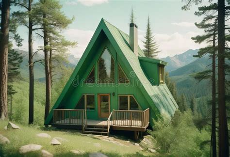 A Green A Frame Cabin With Large Triangular Windows Stock Illustration