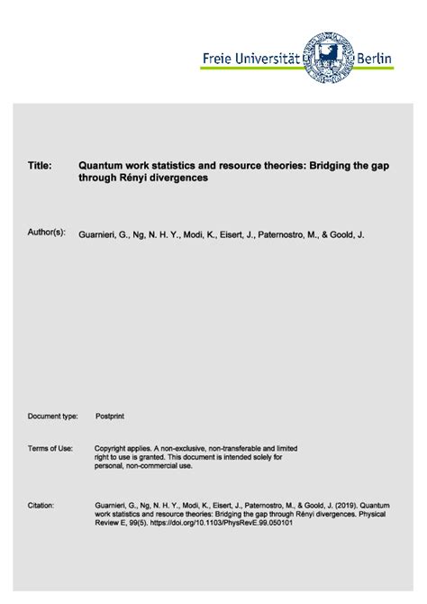 Pdf Quantum Work Statistics And Resource Theories Bridging The Gap Through Rényi Divergences