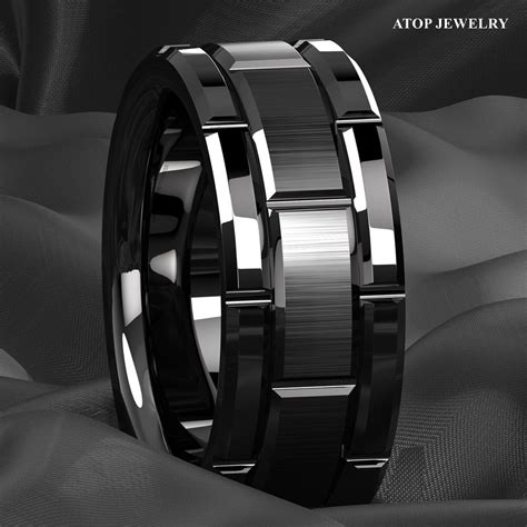 8mm Black Tungsten Carbide Ring Bushed Brick Pattern Atop Men Wedding
