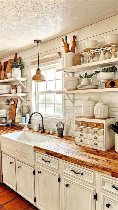 Farmhouse Kitchen With Butcher Block Countertops Small Farmhouse