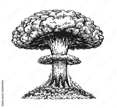 Nuclear explosion. Atomic bomb, mushroom cloud sketch. Radiation and destruction. Weapon vector ...
