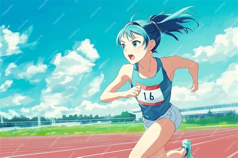 Determined Anime Girl Runner On Track Field Premium Ai Generated Image
