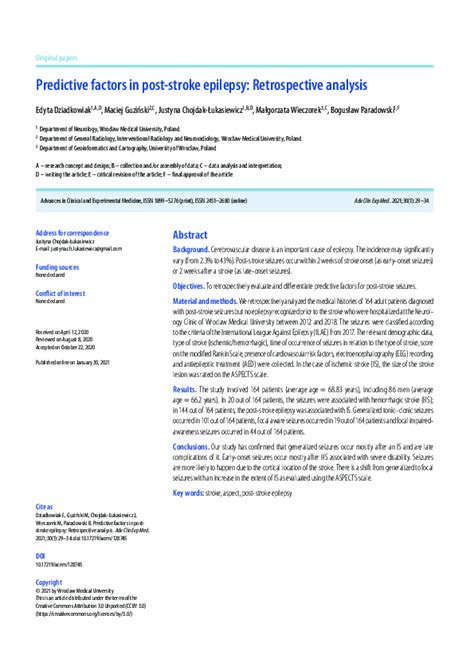 Pdf Predictive Factors In Post Stroke Epilepsy Retrospective Analysis
