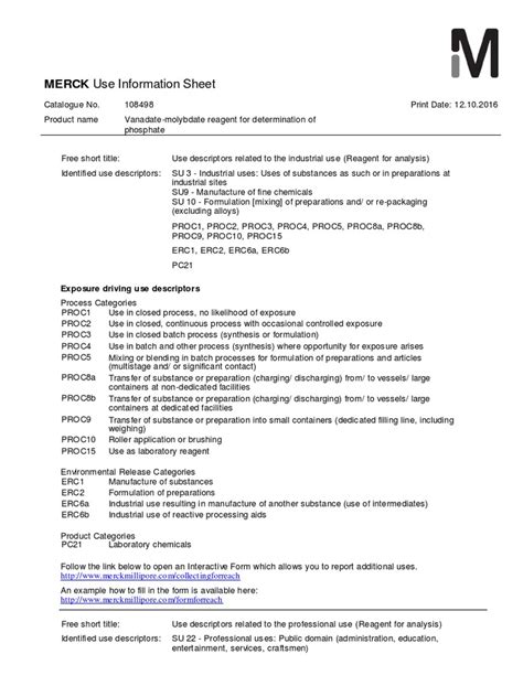 Use Information Sheet Vanadate Molybdate Chemical Substances
