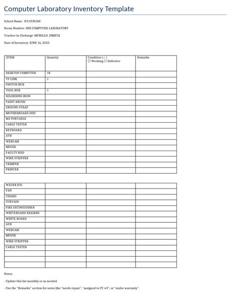 Computer Lab Inventory Template Pdf