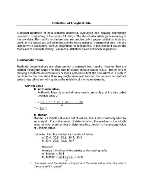 Evaluation Of Analytical Data Determinate Terms Notes Evaluation Of