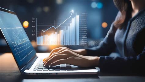 Hands Typing On Laptop Graph Showing Upward Direction Growth Progress Success Stock
