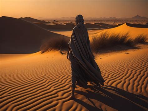 Vista Traseira De Uma Mulher Muçulmana Caminhando Pelo Deserto Foto