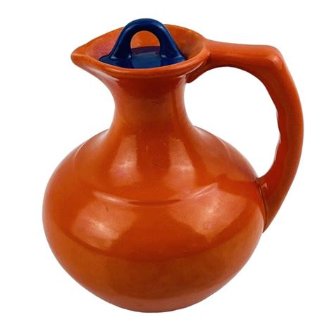 Gladding Mcbean Dining Vintage Gladding Mcbean Pottery Orange Jug Water Carafe Blue Lid