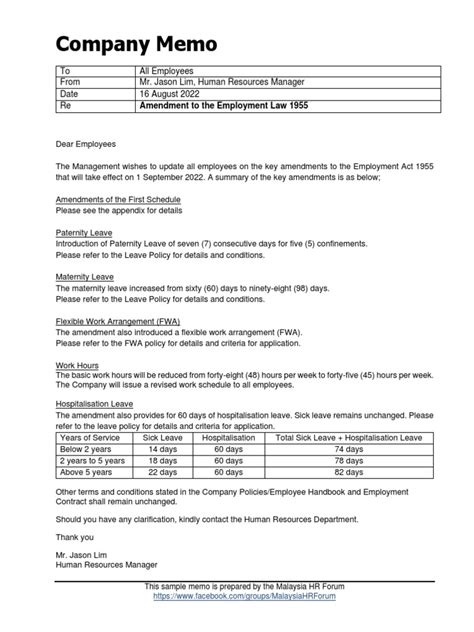 Sample Memo Employment Act 1955 Amendment Updated Pdf