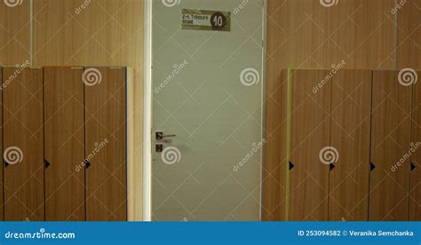 Closeup White Classroom Door Open In Empty Hall School Interior With