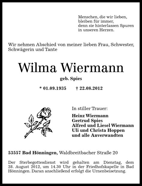 Traueranzeigen Von Wilma Wiermann Rz Trauer De