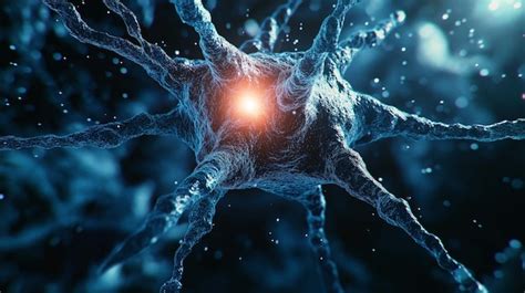 3d Visualization Of A Neuron Cell With A Microscope Lens Focusing On Its Structure Premium Ai