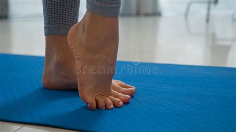 Close Up Legs Woman Female Feet On Gymnastic Mat Yoga Class Gym