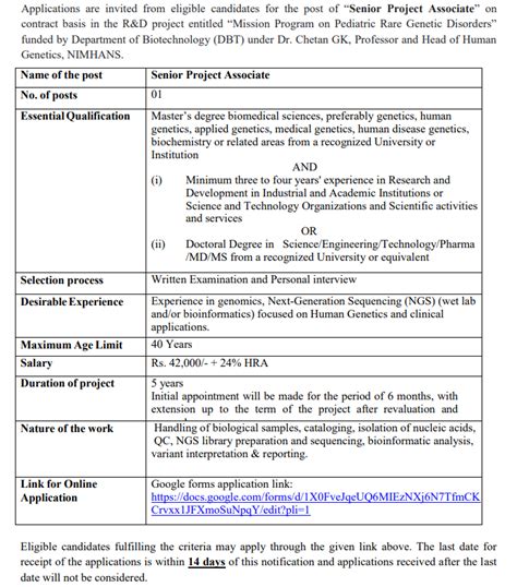 Senior Project Associate Position In Nimhans Banglore India