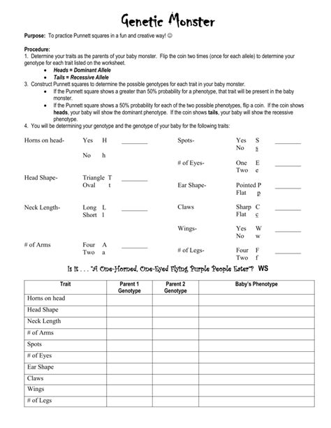 Genetic Monster Punnett Square Worksheet