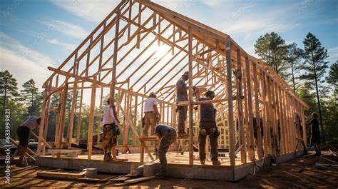 Builders Assembling The Wooden Framework Of The House Creating The