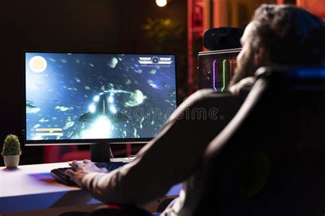 Gamer Navigating Universe In Simulation Game Gaming On Computer Stock