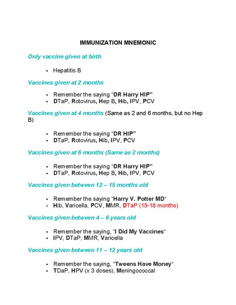 Immunization Mnemonic Immunization Mnemonic Only Vaccine Given At Birth Hepatitis B Vaccines