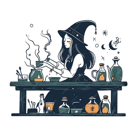 Vector Drawing Of A Witch Woman Brewing A Potion On A White Background