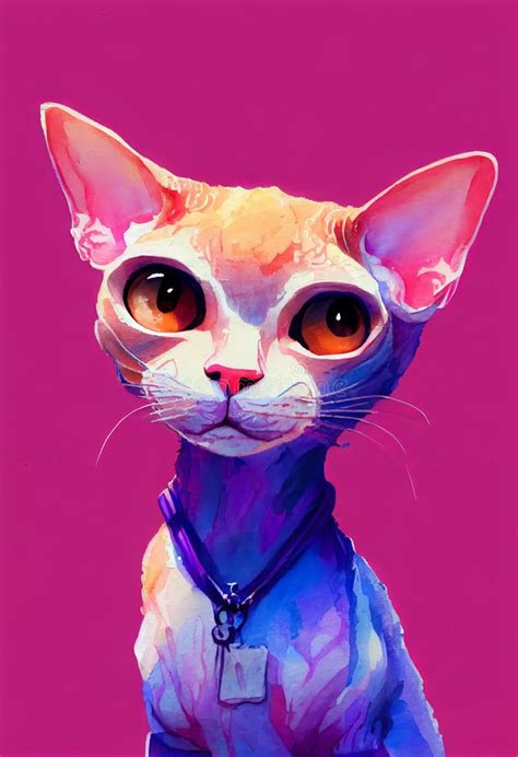Watercolor Portrait Of Cute Devon Rex Cat Stock Illustration