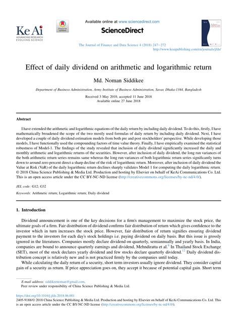 Pdf Effect Of Daily Dividend On Arithmetic And Logarithmic Return