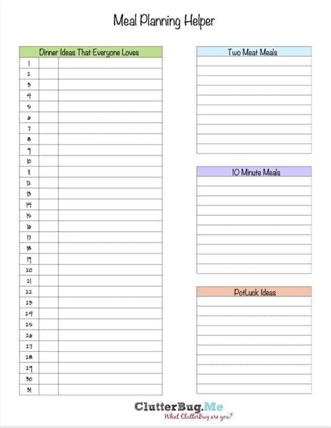 Free Meal Planning Printables Clutterbug