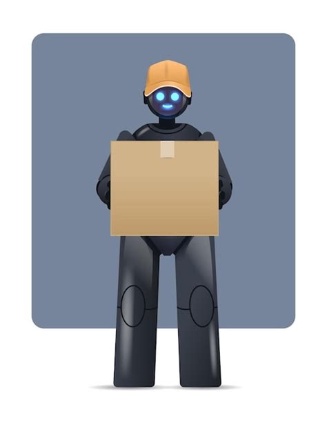 Premium Vector Black Robot Courier Robotic Deliver Holding Cardboard Box Delivery Service