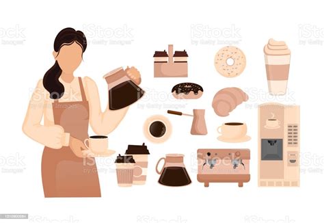 플랫 캐릭터 커피 숍 바리스타 벡터 일러스트 플랫 디자인 벡터 인포그래픽 일러스트레이션입니다 만화 남성 바리스타 또는 웨이터메뉴판 근처에 서 가공의 인물에 대한 스톡 벡터