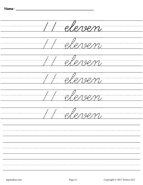 Free Printable Number Eleven Cursive Handwriting And Tracing Worksheet