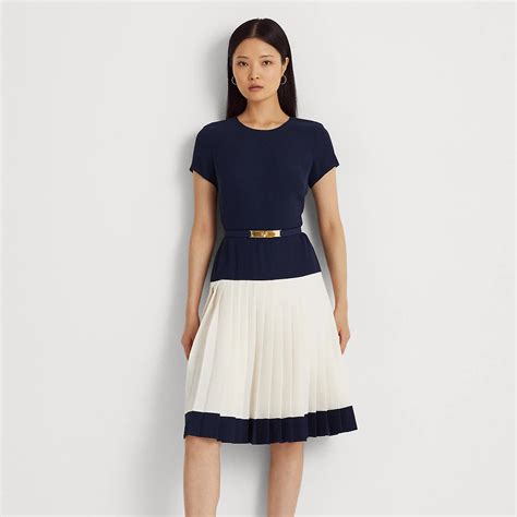 Lauren Ralph Lauren Two Tone Belted Georgette Dress In French Navy