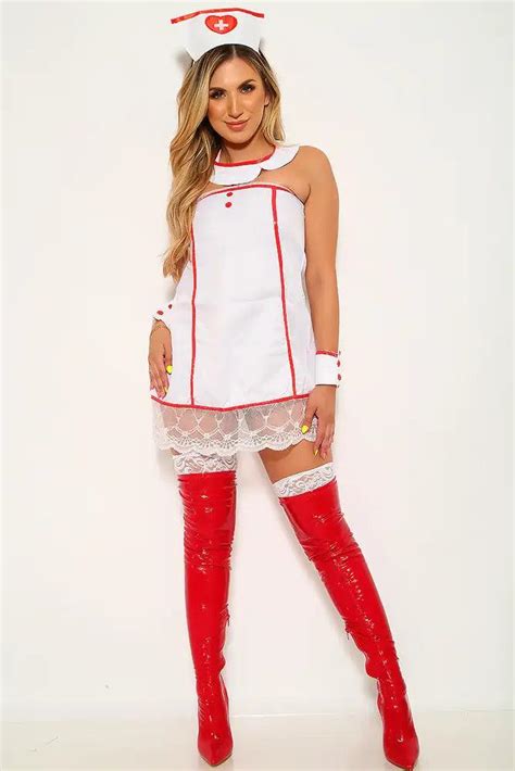 White Red Sexy 5pc Strapless Dress Uniform Nurse Costume Amiclubwear
