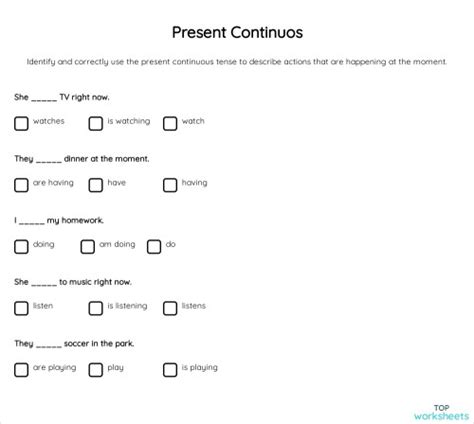 Present Continuos Interactive Worksheet Topworksheets