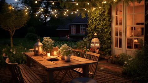 An Al Fresco Dining Area In A Garden Fairy Lights Twinkling Above