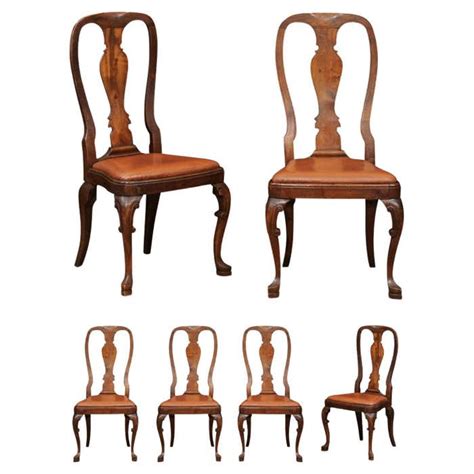 Italian Rococo Style Walnut Dining Chairs With Cabriole Legs For Sale