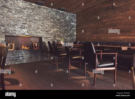 Modern And Simple Cafe Interior With Wooden Classical Furniture Stock