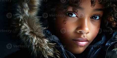 Ai Generated Close Up Of A Young Black Girl In A Luxurious Fur Hooded
