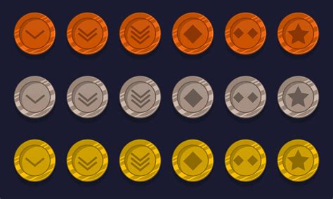 Game Achievement Badge Or Rank Icon Cartoon Set Gold Silver And