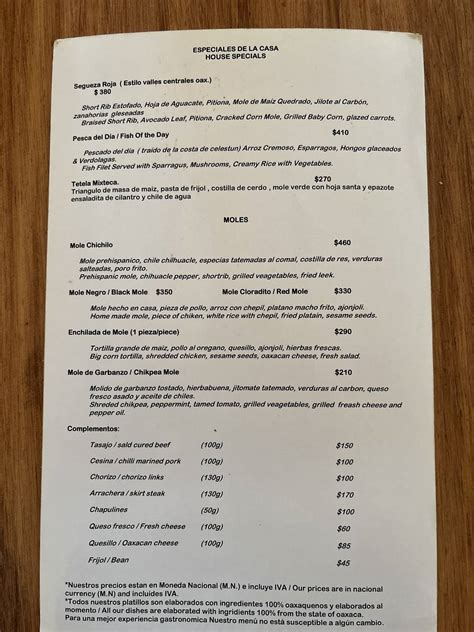 Menu At Sandunga Cocina Tradicional Oaxaqueña Restaurant Merida