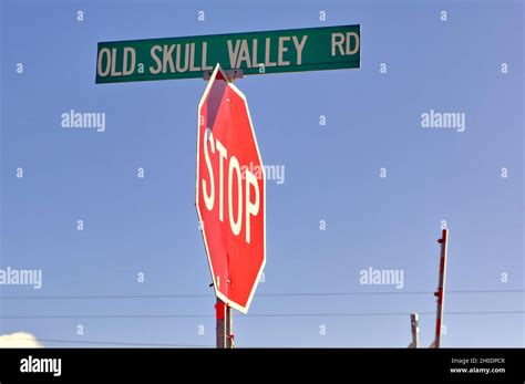 Road Sign Marking Old Skull Valley Road At A Crossroad Stop Sign In The
