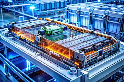 Futuristic Double Exposure Of An Ev Battery Module Assembly Line