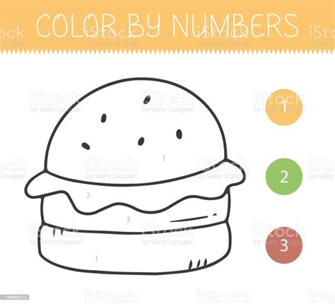 햄버거와 함께 아이들을위한 숫자 색칠 공부 책으로 색칠하십시오 귀여운 만화 햄버거가 있는 색칠 공부 페이지 흑백 흑백 벡터 그림입니다 0명에 대한 스톡 벡터 아트 및 기타