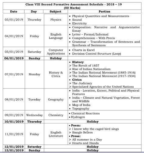 Class Viii Second Formative Assessment Schedule 2018 19 Eisn