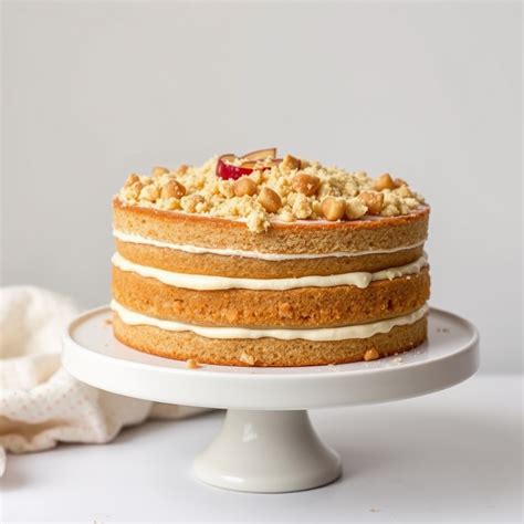 Delicious Three Layer Cake Topped With Crumbly Topping And Nuts