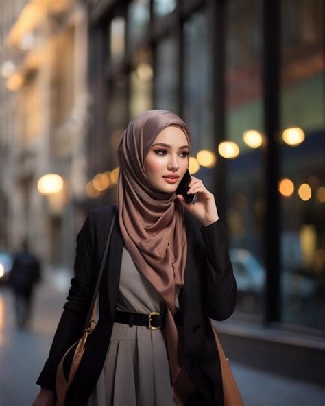 Woman In A Hijab Talking On A Cell Phone On A City Street Generative Ai Premium Ai Generated Image